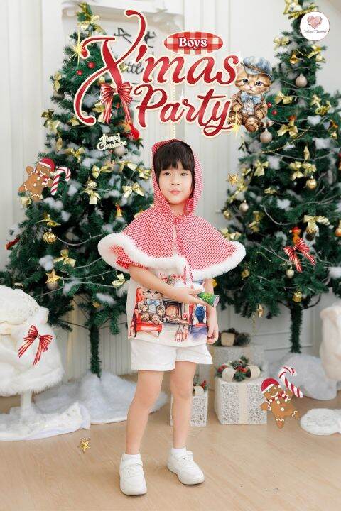 (Boy) X'mas Party เสื้อเชิ้ตคอกลมสีครีม + เครปแต่งขนฮู้ดสก็อตแดงสุดน่ารัก พิมพ์ลายน้องแมว ...