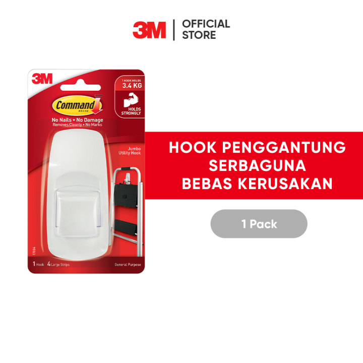 3M™ Command™ Jumbo Utility Hook, 17004, Menahan hingga 3.4kg, 1 pak, Jumbo, Untuk berbagai ...