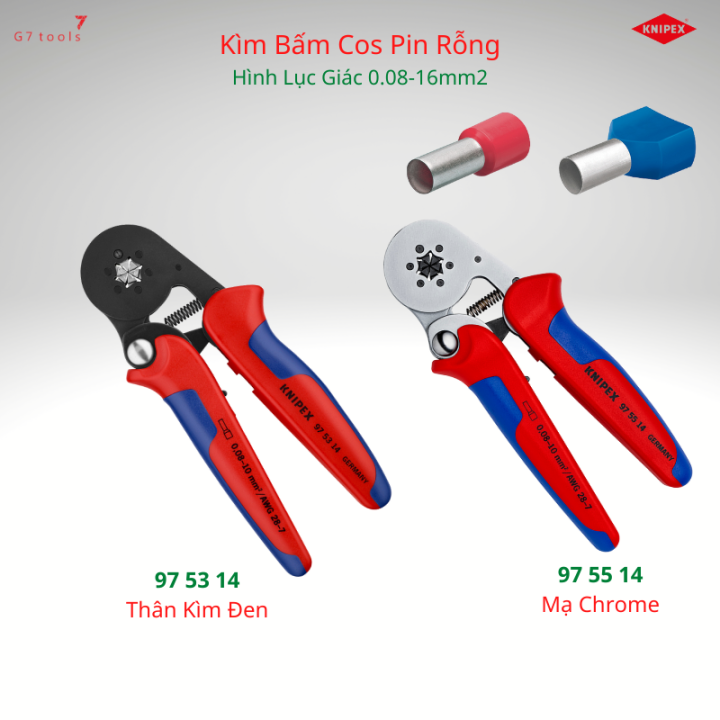 Kìm Bấm Cos Tròn Pin Rỗng Tiết Diện 0.08 – 16.0 mm² Knipex 97 53 14/ 97 55 14 (Bản Nâng Cấp Năm ...