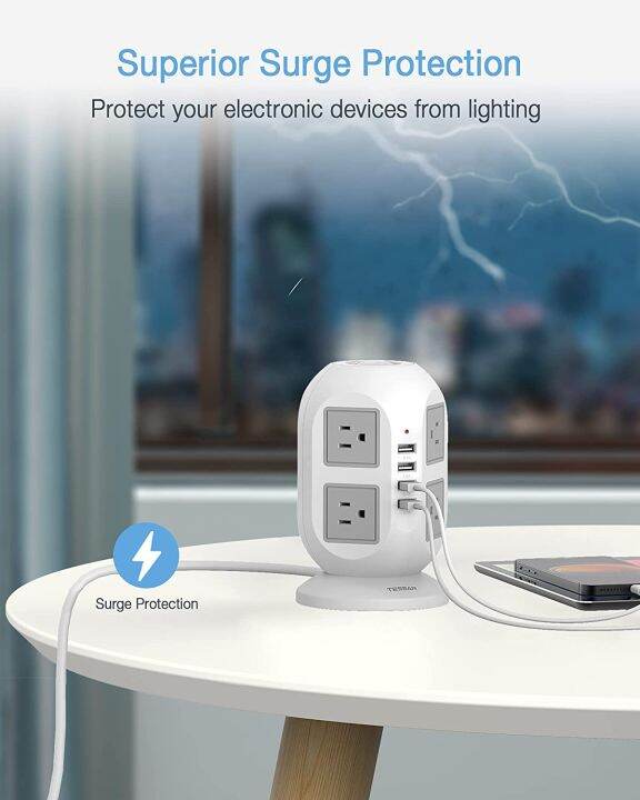 TESSAN Surge Protector Tower 3 Metre Extension Cord Power Strip ...