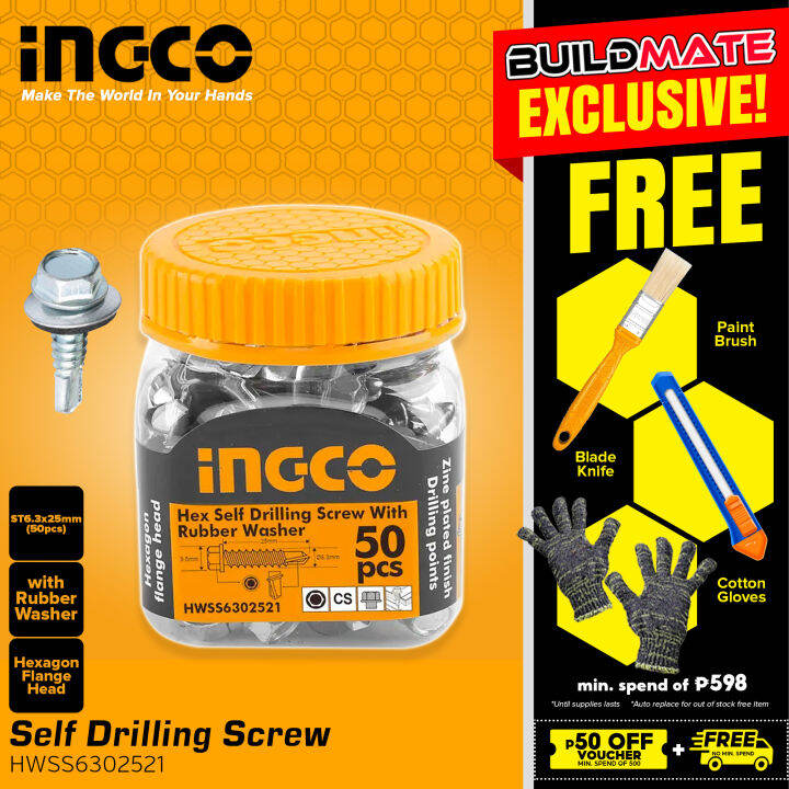 INGCO Hex Self Drilling Screw with Rubber Washer HWSS6302521 •BUILDMATE ...