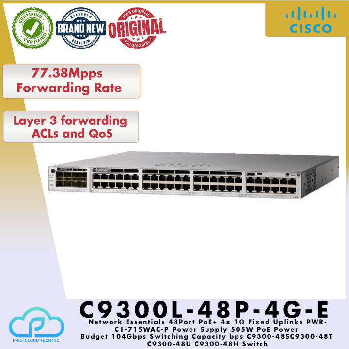 Cisco Catalyst 9300 Series Switch C9300L-48P-4G-E Network Essentials 48Port PoE+ 4x 1G Fixed ...