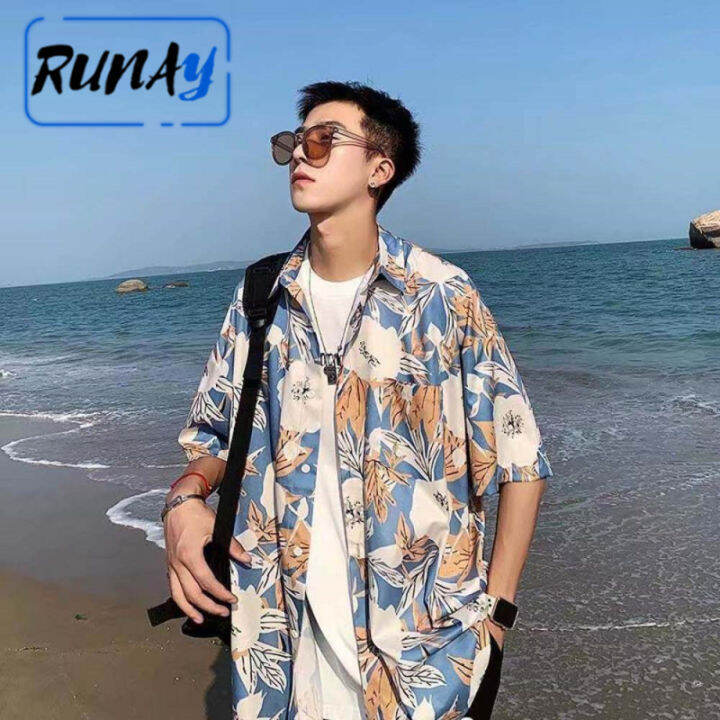 RUNAY ฤดูร้อนย้อนยุคเสื้อลายดอกไม้ผู้ชายแขนสั้นแนวโน้ม ruffian หล่อ ...