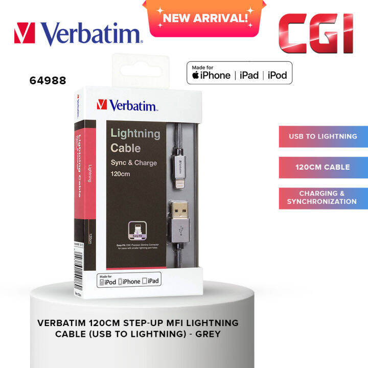 Verbatim 64988 120cm Step-up Sync & Charge Lightning Cable - Grey | Lazada