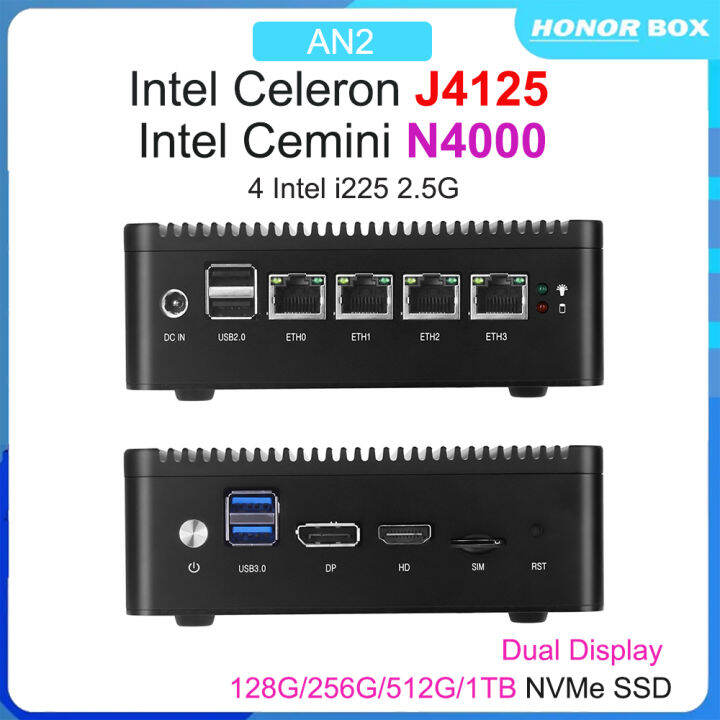 AN2 Intel N4000/J4125 4*I255 2.5G LAN Mini PC Fanless Soft Router HDMI VGA SSD PfSense Firewall ...