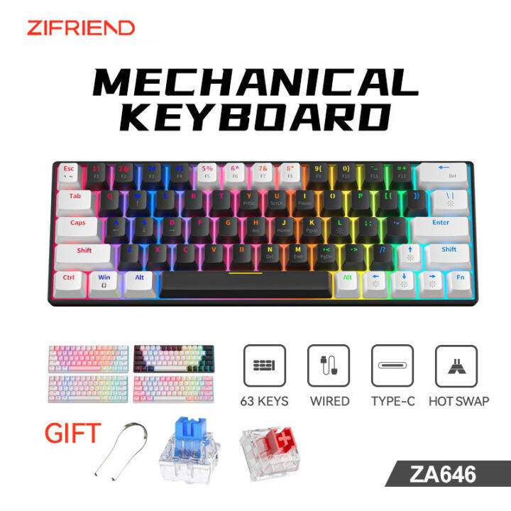 ZIFRIEND Mechanical Keyboard Gaming ZA646 63Keys 60% Layout USB Type C RGB Backlit | Lazada ...