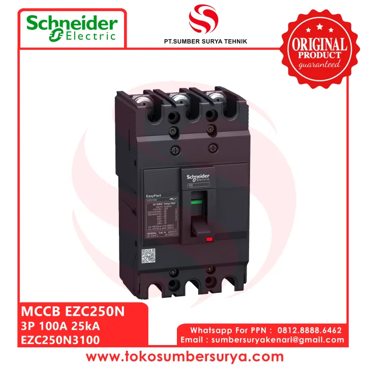 MCCB EZC250N 3P 100A 25kA Saklar Listrik ON OFF EZC250N3100 SNI Asli Ori EasyPact Schneider ...
