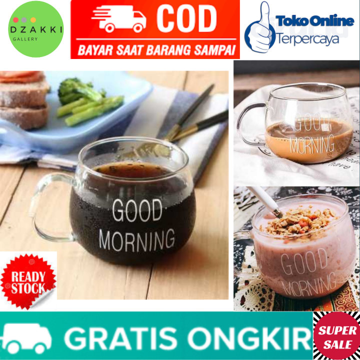Gelas Cangkir Kopi Glass Coffee Good Morning 350ml White Printing / Gelas kaca transparan ...
