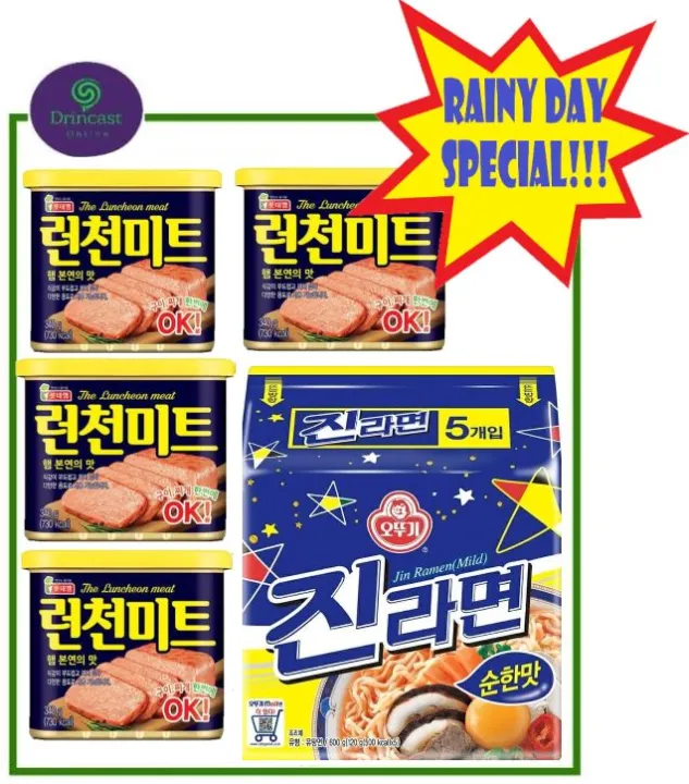 LOTTE PREMIUM LUNCHEON MEAT 340G X4 (4 Pieces) with OTTOGI Jin Ramen Instant Noodle Mild 120g 5 ...