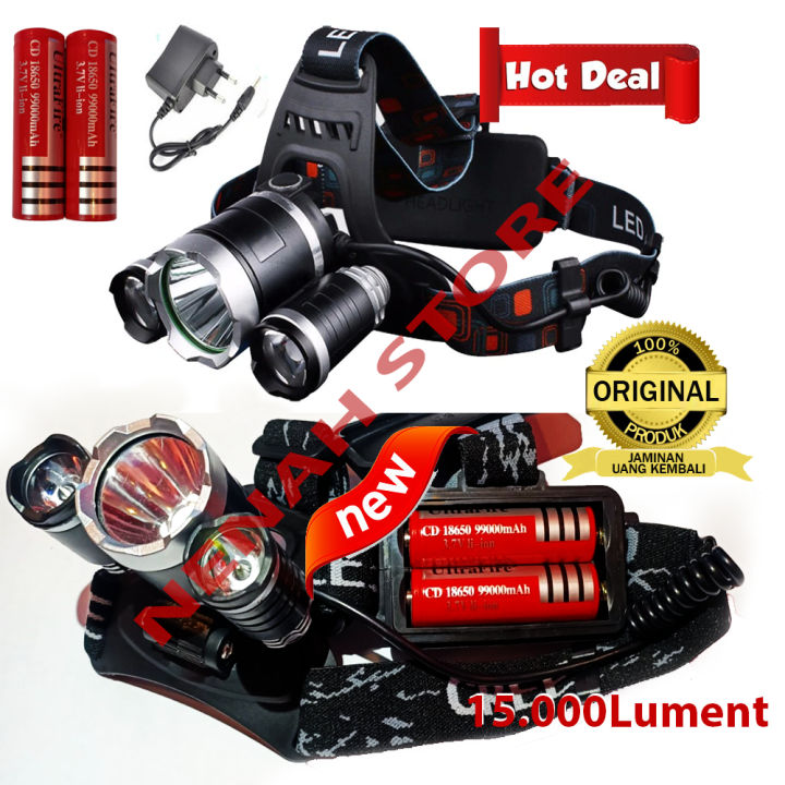SENTER KEPALA SUPER TERANG TERBAIK JARAK JAUH, SENTER LED TERBAIK FULL SET CHARGER DAN BATERAI ...