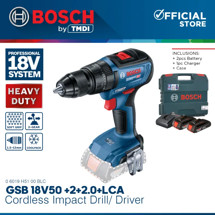 BOSCH Professional Cordless Impact Drill / Driver 18V GSB 18V-50 +2+2.0+LCA 06019H5100 BLC ...
