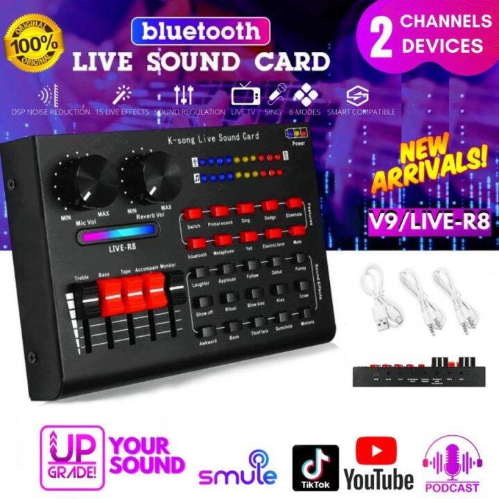NEW SOUNDCARD R-8 / V-9 BLUETOOTH USB LIVE AUDIO MIXER BROADCAST 2 ...