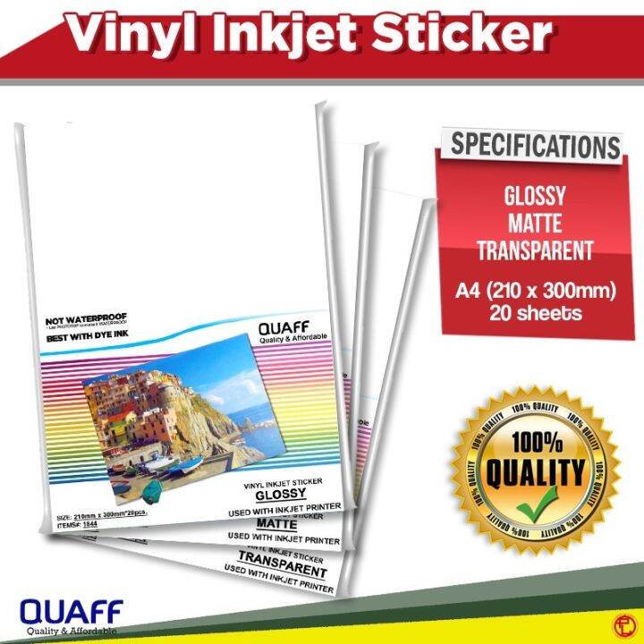 QUAFF Vinyl Inkjet Sticker A4 Size ( Glossy / Matte / Transparent ) 20 ...