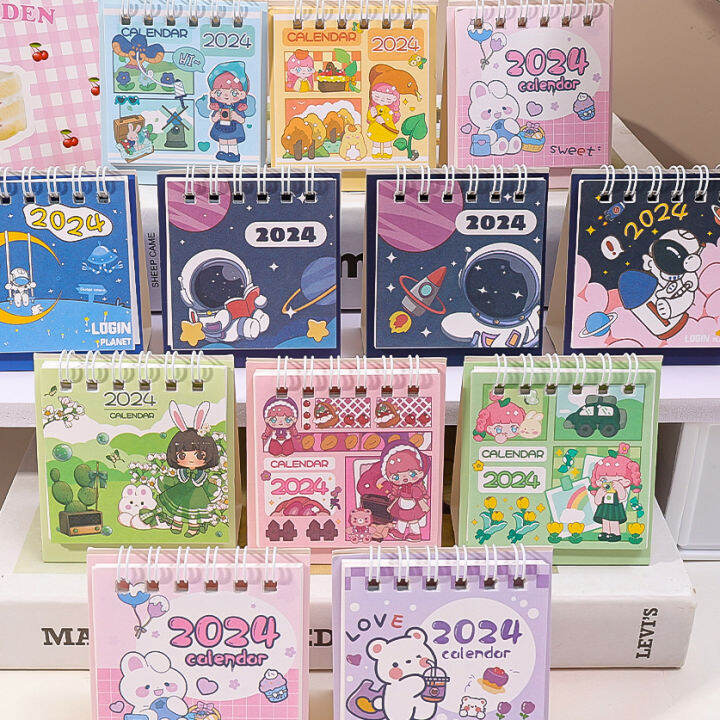 2024 Cartoon Mini Desktop Calendar Cute Astronaut Bear Rabbit Note ...