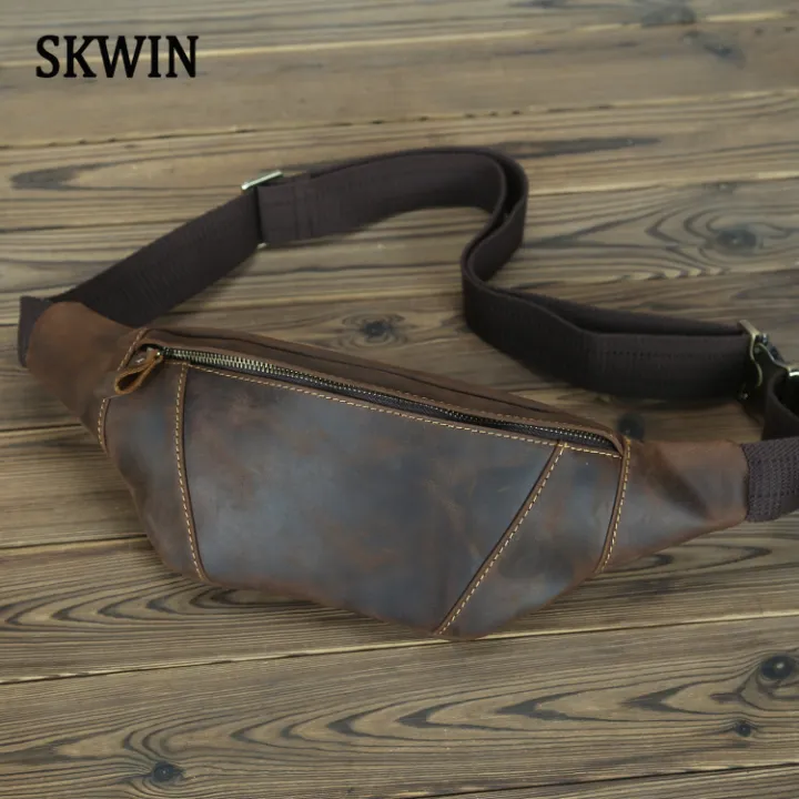 SKWIN กระเป๋าคาดเอวแนวเรโทรสำหรับผู้ชาย,กระเป๋าหนังแฟชั่นสะพายข้างกระเป๋าหนังวัวแท้แบบลำลอง ...