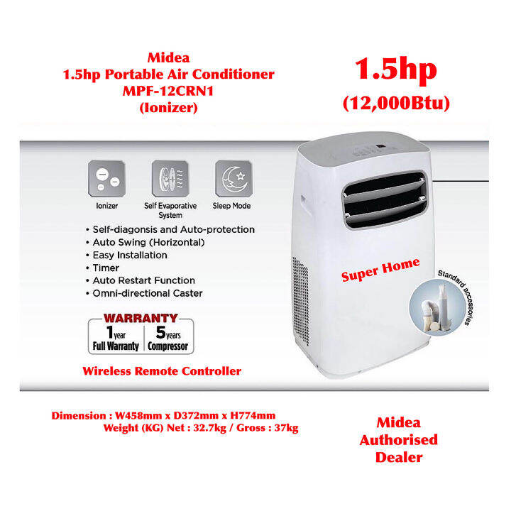 Midea 1.5hp Portable Air Conditioner MPF-12CRN1 ((Ionizer)) Portable ...