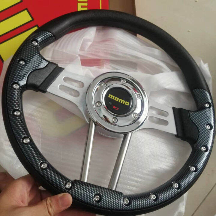 MOMO 350 มม. 6 หลุม PILOTA พวงมาลัยหนังสีดำคาร์บอนไฟเบอร์รูปแบบแทรก | Lazada.co.th