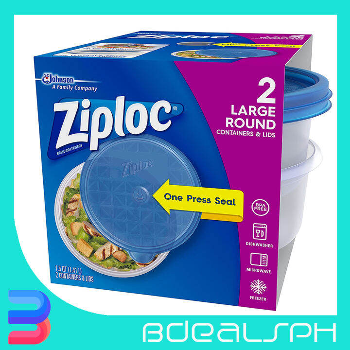 Ziploc 2 Large Round Food Container With One Press Seal Lid Set (1.41L ...