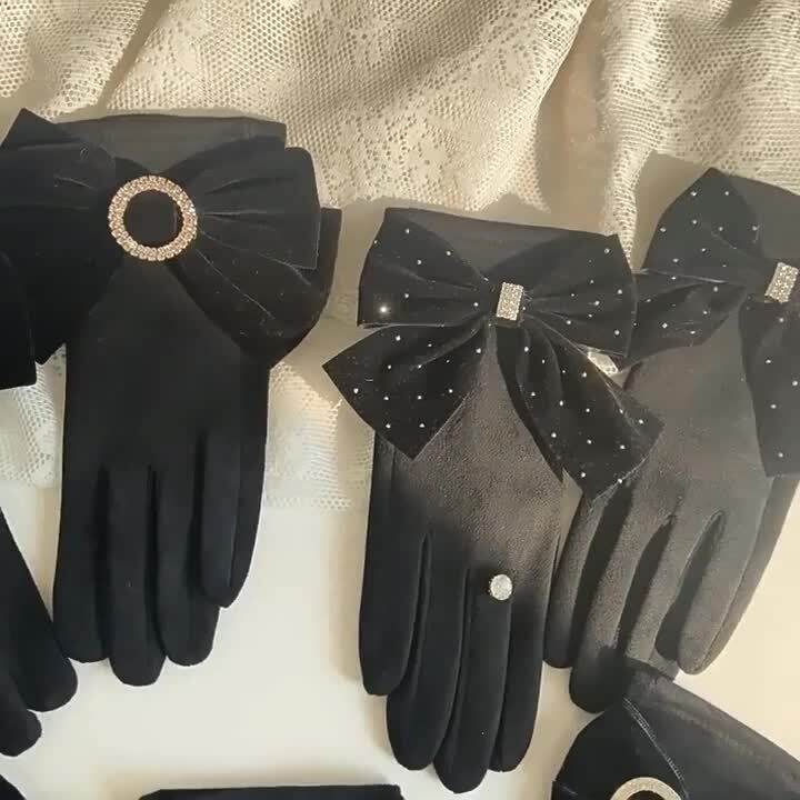 สตรีข้นกำมะหยี่อบอุ่นซับโบว์ F AUX S Uede ถุงมือสีดำหญิงฤดูหนาว ...