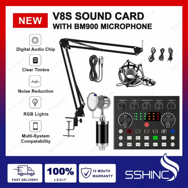 Ready Stock V8s Sound Card + BM900 Mic Set Condenser Microphone v8 sound card full set with ...