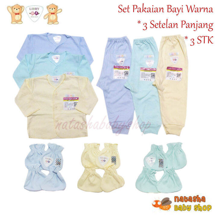 Libby Set Pakaian Bayi 3 Setelan Panjang dan 3 Sarung Tangan Kaki Warna ...