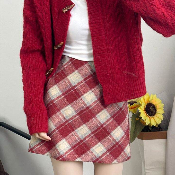 SHA- คริสมาสต์สีแดงลายสก๊อตขนกระโปรงครึ่งตัว 2022 ใหม่กระโปรงสั้นหลวมกระโปรงสะโพก YF-891 ...