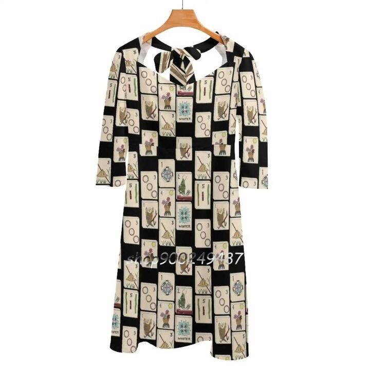 Mahjong Majong Black Tile Pattern Sweetheart Knot Flared Dress Fashion ... Mahjong Majong Black Tile Pattern Sweetheart Knot Flared Dress Fashion ...