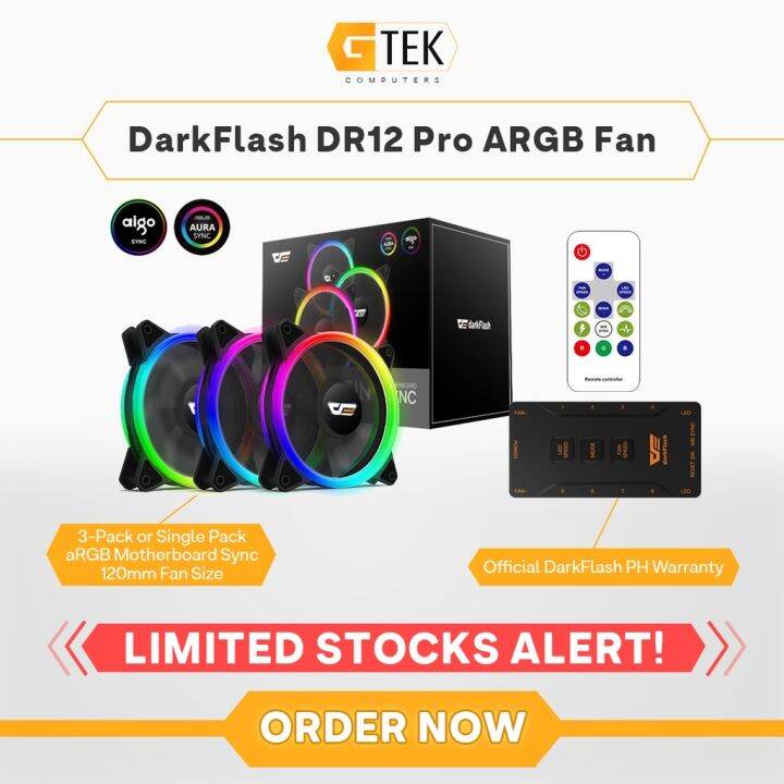 DarkFlash DR12 Pro 3-in-1 Single Pack Double Ring RGB 120mm Fan w Hub ...