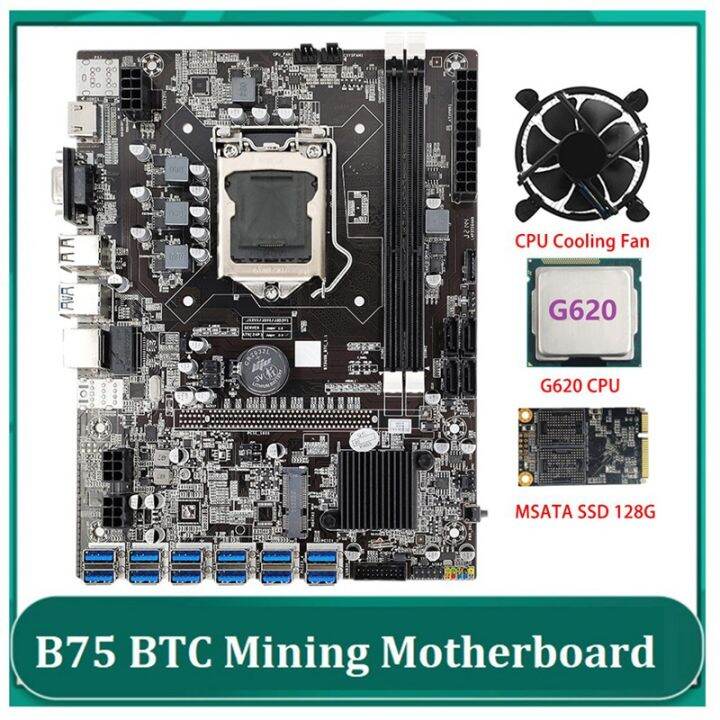 B75 ETH Mining Motherboard with G620 CPU+MSATA SSD 128G+Cooling Fan 12 ...
