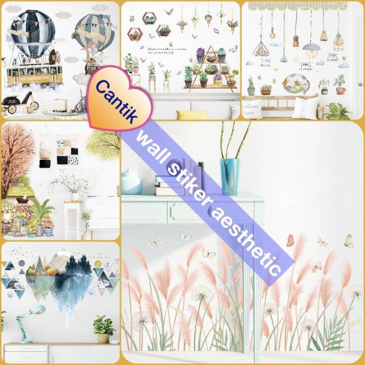 wall sticker dinding kamar motif balon udara biru, pohon gugur orange ...