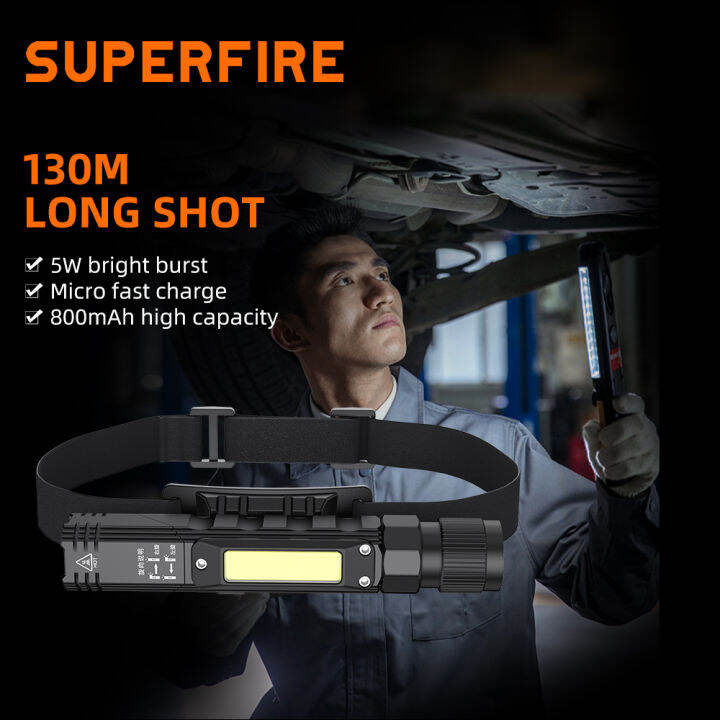 SUPERFIRE G19 Flashlight Rechargeable LED Headlamp 10000LM Ultra Bright COB Light 90 Degree ...