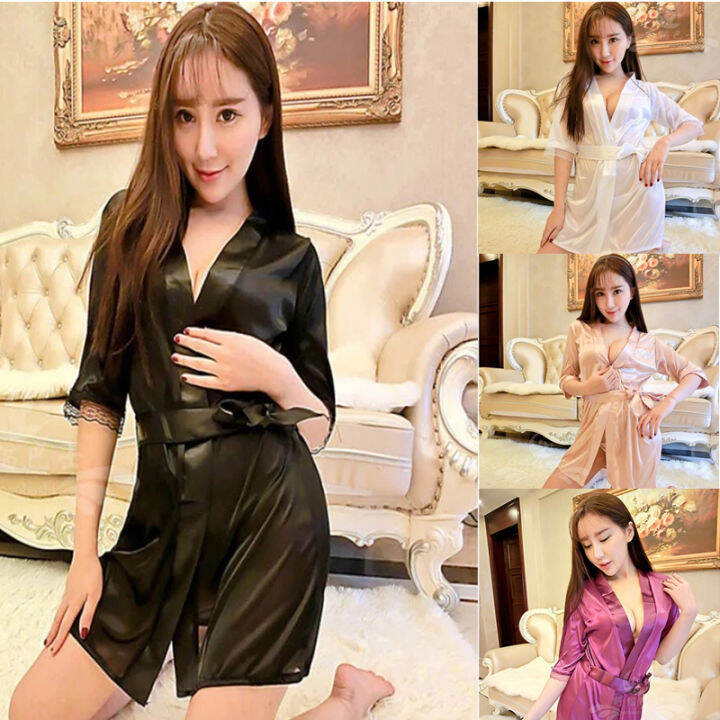 JK-Nana ชุดนอนสตรี ชุดนอนเสื้อคลุมอาบน้ำ ชุดนอนเซ็กซี่ ชุดนอนผ้าซาติน ชุดนอนสีทึบ 7 สี สินค้า ...