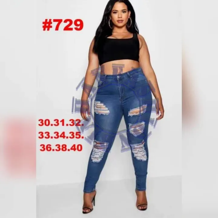 August maong denim highwaist Plus size SKINNY stretchable TATTERED PANTS for womens 729 | Lazada PH