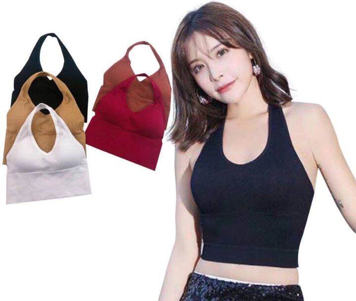 SuperWang Sexy knit big halter top backless bralette neck crop top Bra ...