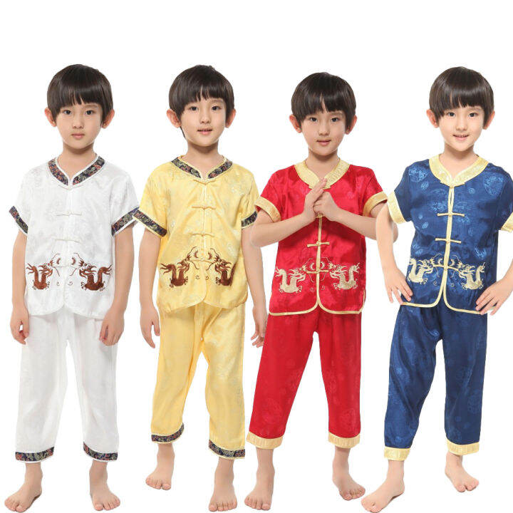Kids Little Boy Satin Dragon Traditional Red Tang Suit Set Chinese ...