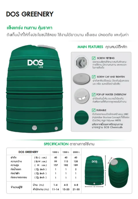 ถังเก็บน้ำ DOS รุ่น Greenery ขนาด 1000, 1500, 2000 ลิตร 1000Lไม่ลูกลอย One | Thisshop