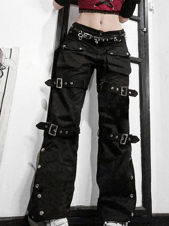 Eyelet Buckle Cyber Punk Goth Baggy Jeans Y2k Woman Techwear Dark