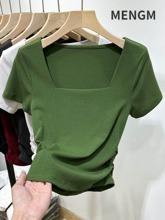 Korean Version Of Square Collar Cotton Short Sleeved T Shirt 2023 New