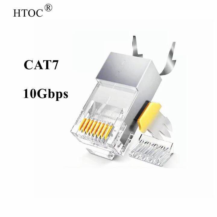HTOC Cat7 Metal Shielded RJ45 Connector 50 Micron 50u 3 Prong FTP STP ... HTOC Cat7 Metal Shielded RJ45 Connector 50 Micron 50u 3 Prong FTP STP ...
