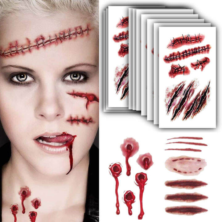 WOOLOVE 5/1 PCS Halloween Scars Fake Tattoos Sticker Body Makeup Water ...