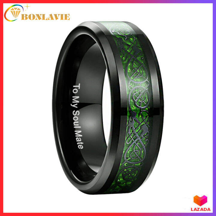 BONLAVIE Genuine Tungsten Carbide Ring Black Celtic Dragon Green Carbon ...