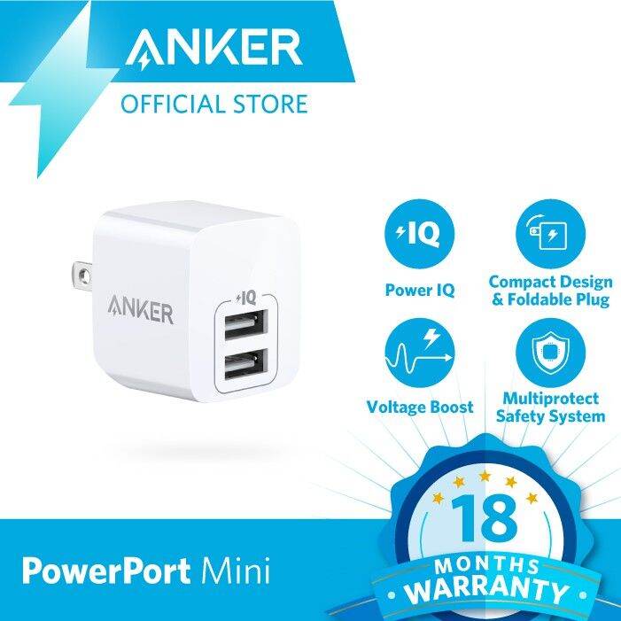 Anker PowerPort Mini – White, PowerIQ with 2 USB Port for Simultaneous ...