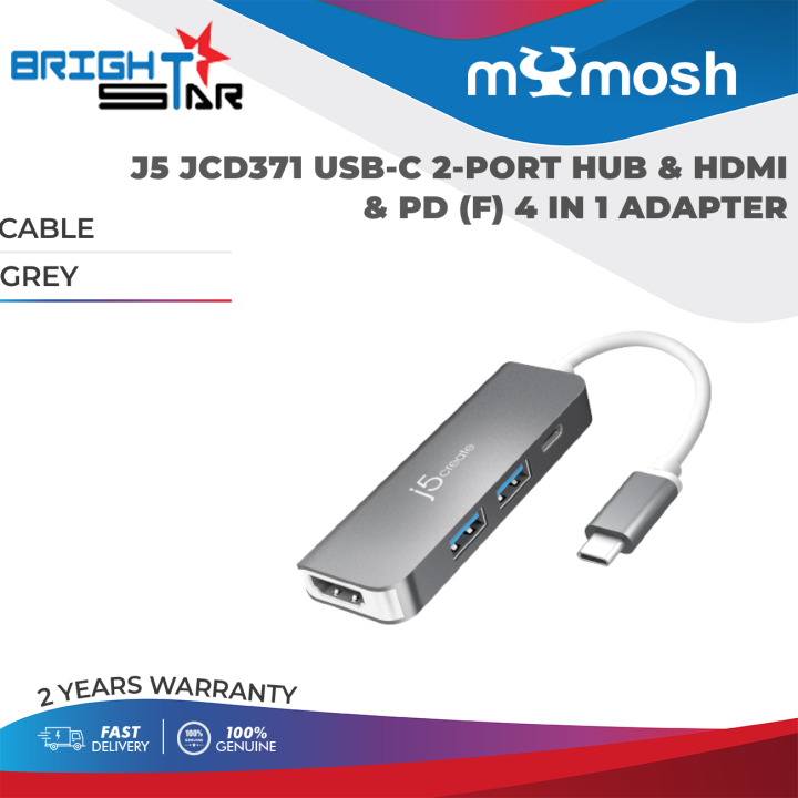 CABLE / J5 JCD371 USB-C 2-PORT HUB & HDMI & PD (F) 4 IN 1 ADAPTER ...