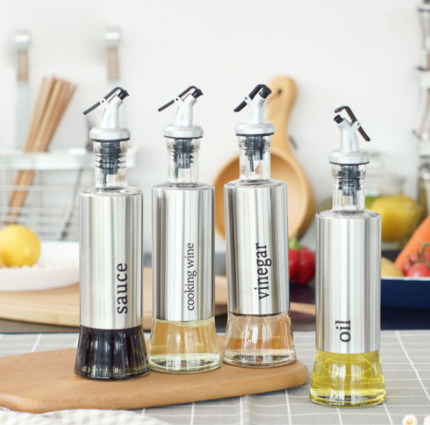 300ml Bottle Clear Glass Condiments Dispenser Stainless Steel Leakproof ...