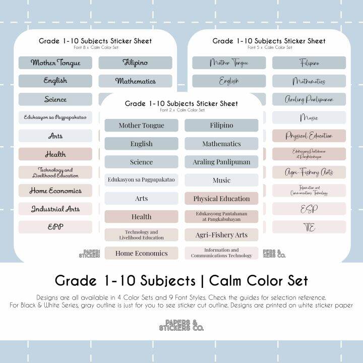 Grade 1-10 Subjects Sticker Sheet | Calm (9 Font Styles Available ...