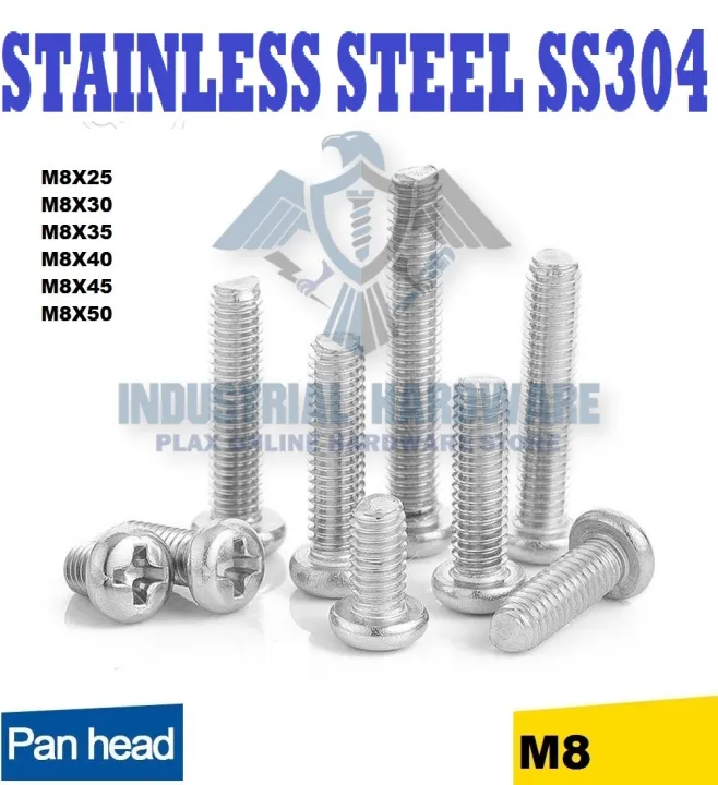 M8 Pan Head Philips Head Screw 304 Stainless Steel SHINY SURFACE Bolt ...