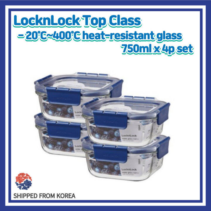 LocknLock Top Class Heat Resistant Glass Container Blue 750ml x 4p Set ...