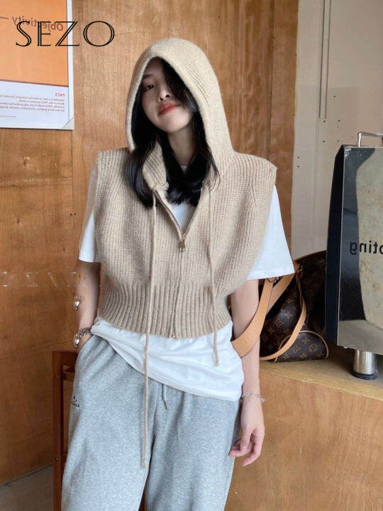 SEZO เกาหลีสั้นถักแขนกุดคลุมด้วยผ้าคาร์ดิแกนเสื้อกั๊กเสื้อสำหรับผู้หญิง ...