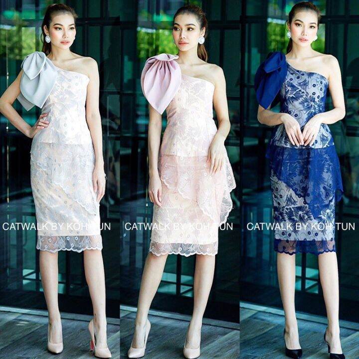 CATWALK BY KOH-TUN ชุดเดรสลูกไม้ ไหล่เฉียง ชุดลูกไม้ | Lazada.co.th