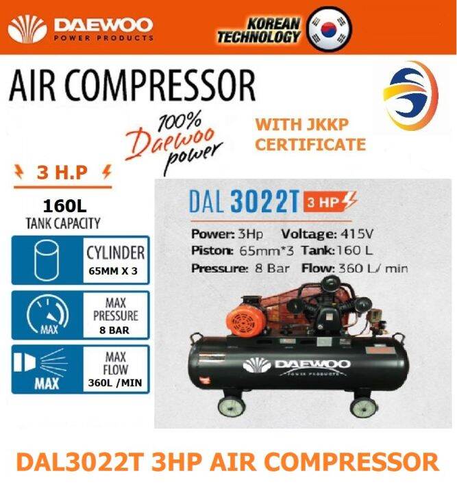 DAEWOO AIR COMPRESSOR 3HP/415V/160L/8 BAR WITH JKKP CERTIFICATE - MODEL ...